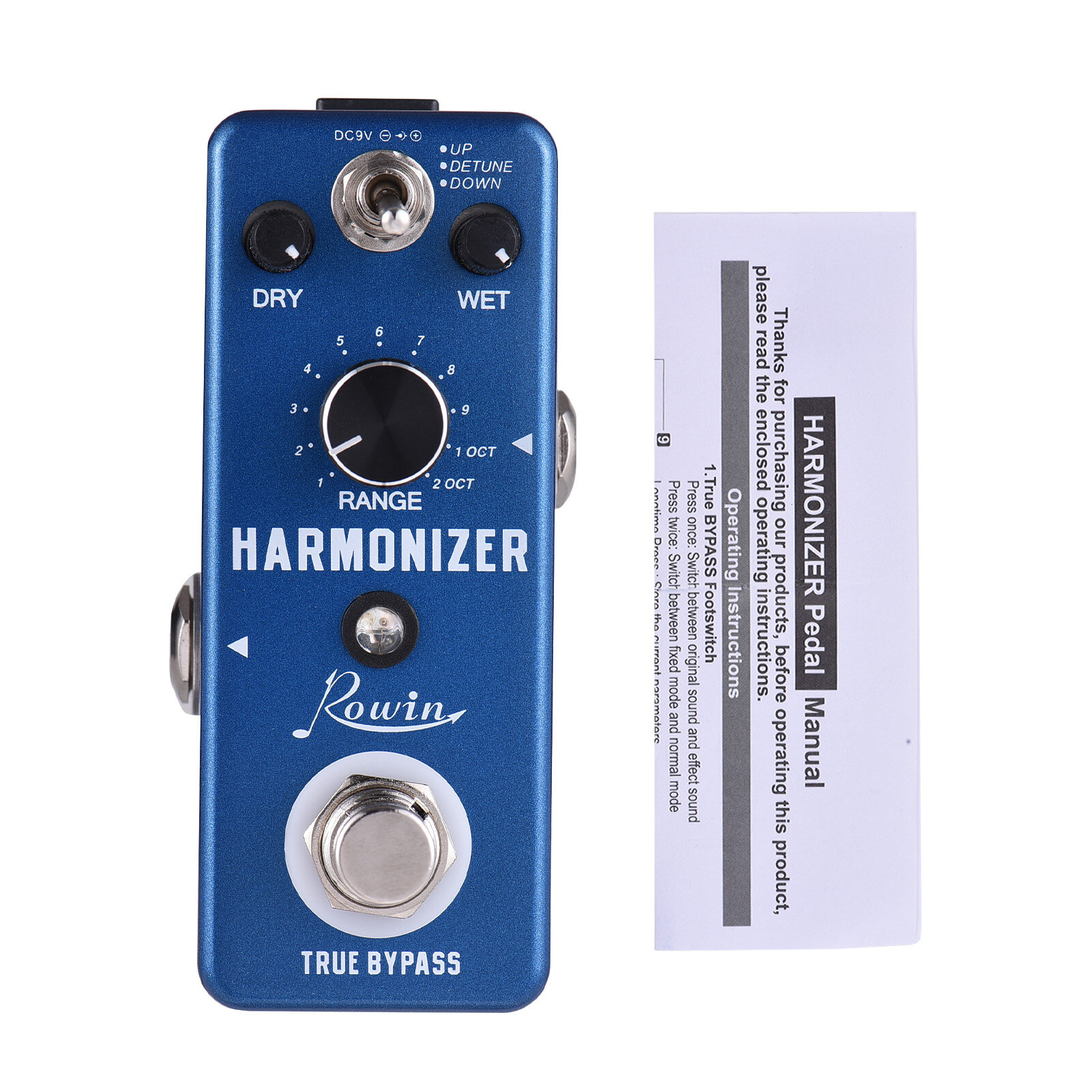 Педаль эффектов Rowin Guitar Harmonizer с функцией Pitch Shift Detune, 3 режима, регуляторы Range Wet Dry, True Bypass, вход и выход 9 В постоянного тока, разъем 6,35 мм