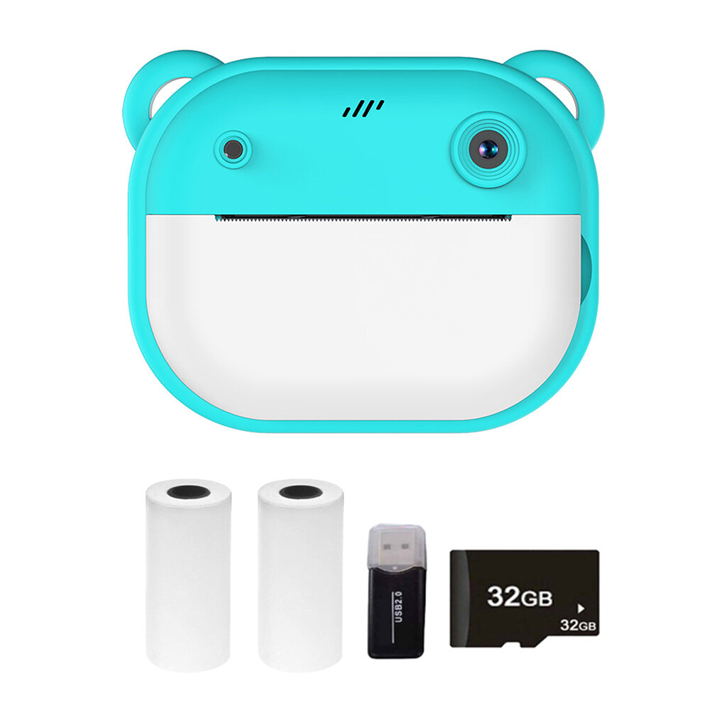 Детская камера 1080P цифровая с термопечатью 2.4-дюймовым IPS экраном фото селфи видео автофокус 32G карта памяти + ридер 2 рулона бумаги для печати подарок на день рождения для девочек мальчиков цвет синий фиолетовый зеленый розовый размер 10.5x8x4.5cm
