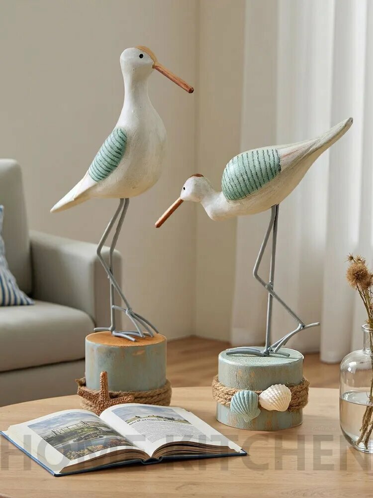 Пара морских птиц из дерева на подставке, Декор в средиземноморском стиле, Настольный декор
