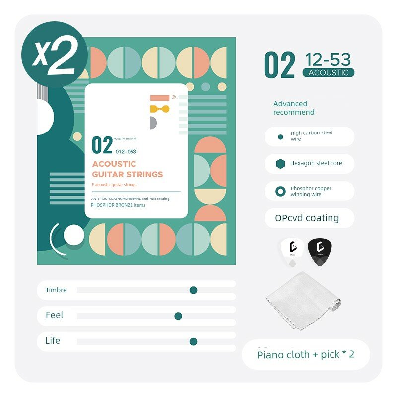 Набор струн F-ear 02, 12 покрытых струн для акустической гитары, включая тряпку и 2 пика
