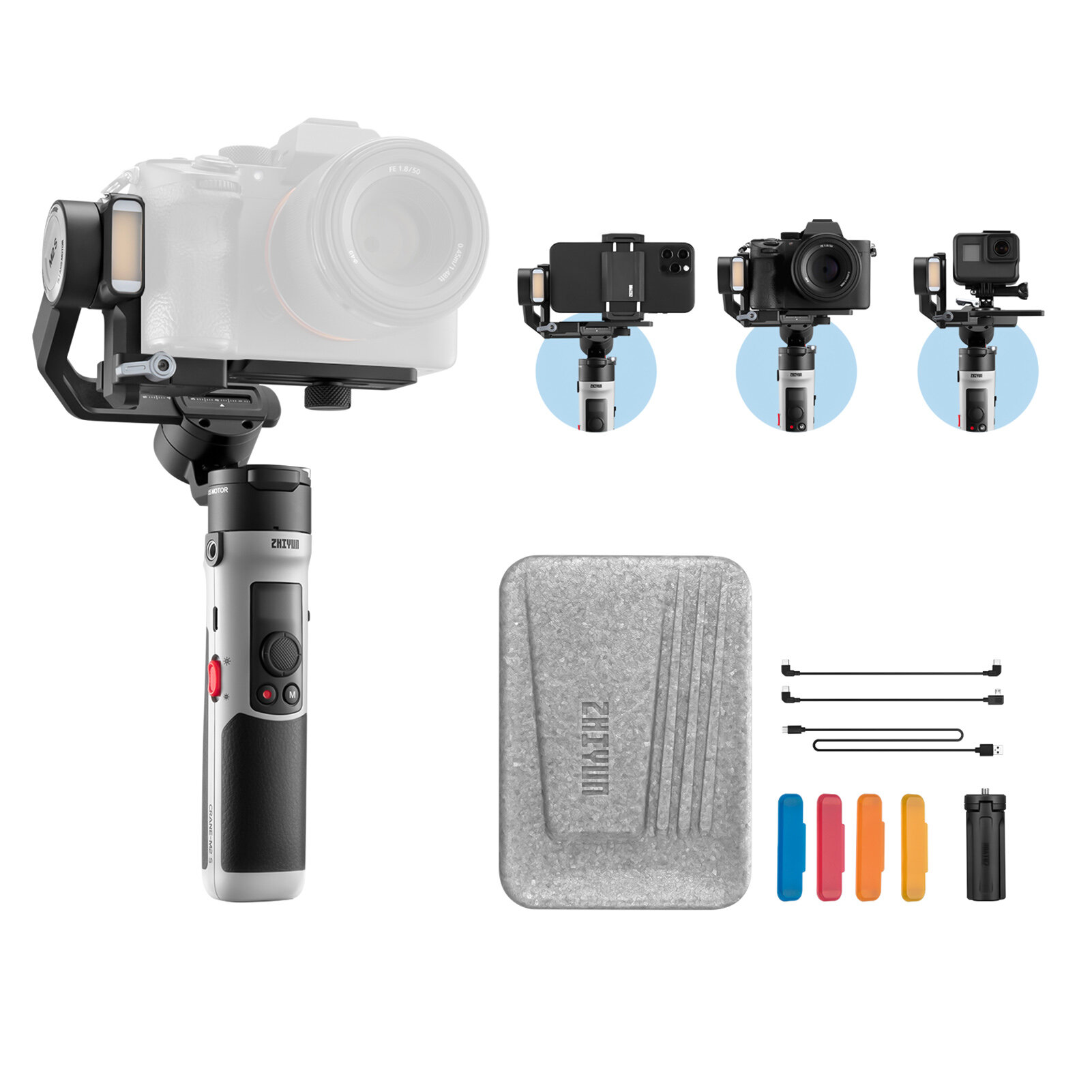 ZHIYUN CRANE-M2 S Компактный ручной 3-осевой гибелевый стабилизатор с встроенным LED-фонариком, встроенной батареей, быстрой зарядкой PD для смартфонов, спортивных камер, беззеркальных камер, 1 шт. Стабилизатор, 1 шт. Мини-трипод, 4 шт. Фонарик, 1 шт.