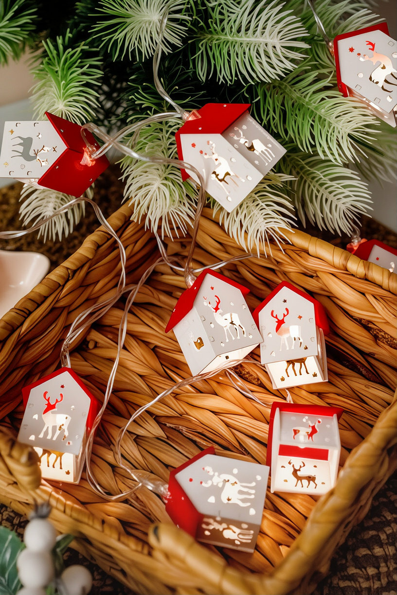 Декоративная светодиодная гирлянда домики 'В гостях У оленей', дерево, 10 тёплых LED-огней, 180 см, таймер, батарейки, Winter Deco 4070751