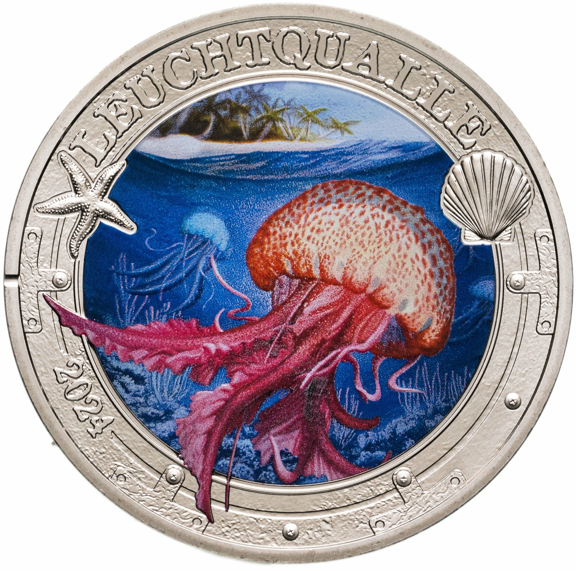 Австрия 3 евро euro 2024 "Морские обитатели - Светящиеся медузы", Мельхиор медь-никель, в сохранности UNC