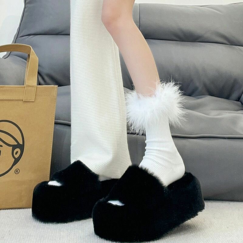 Универсальные пушистые носки с перьями JK для девушек, стиль чистого желания, пушистые носки до середины икры для женщин, дизайн в стиле лолита