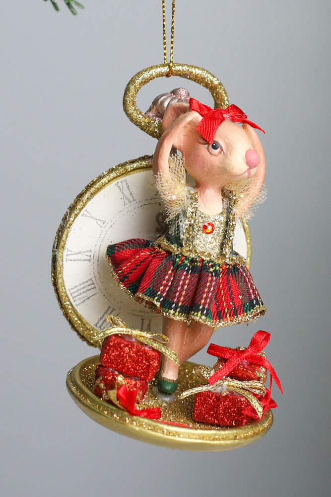 Ёлочная игрушка мышка-балерина И часы, полистоун, текстиль, зелёная, 11 см, Гудвилл (Goodwill) B87015-2