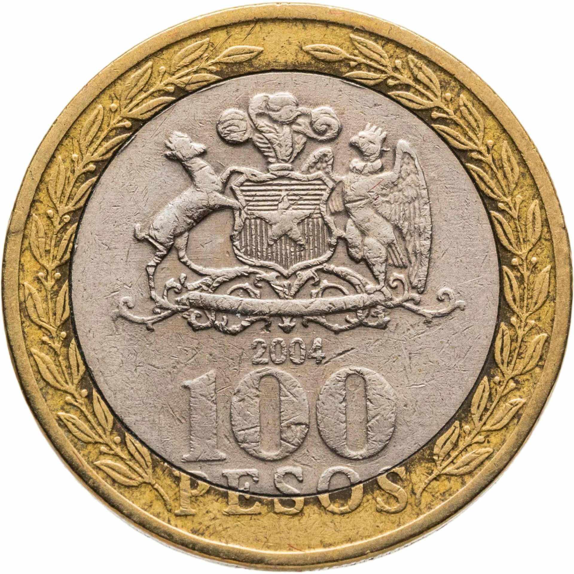 Чили 100 песо pesos 2004, Биметалл, в сохранности VF-XF
