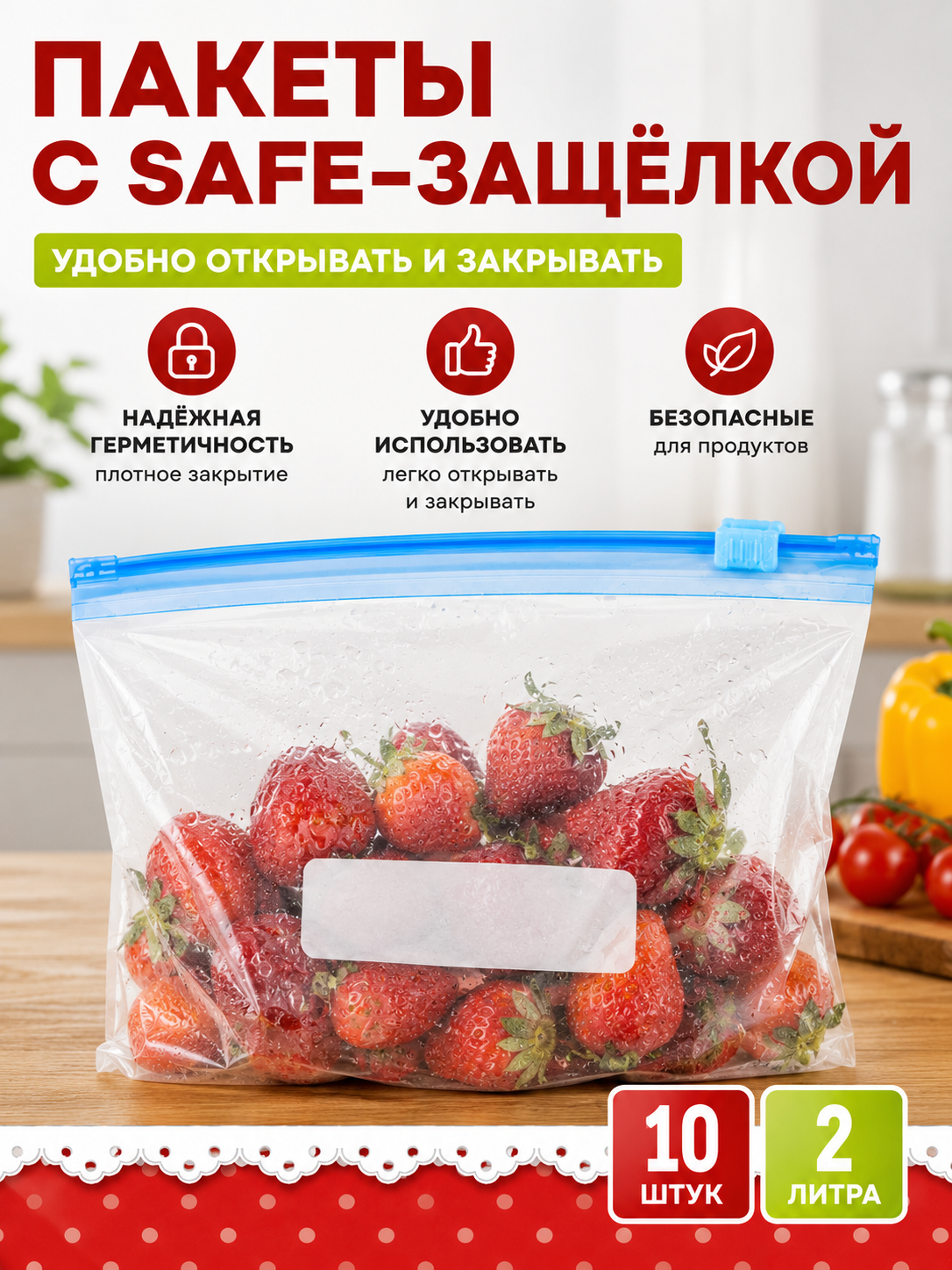 Пакеты для хранения продуктов с zip-застёжкой, 2 литр, 10 штук
