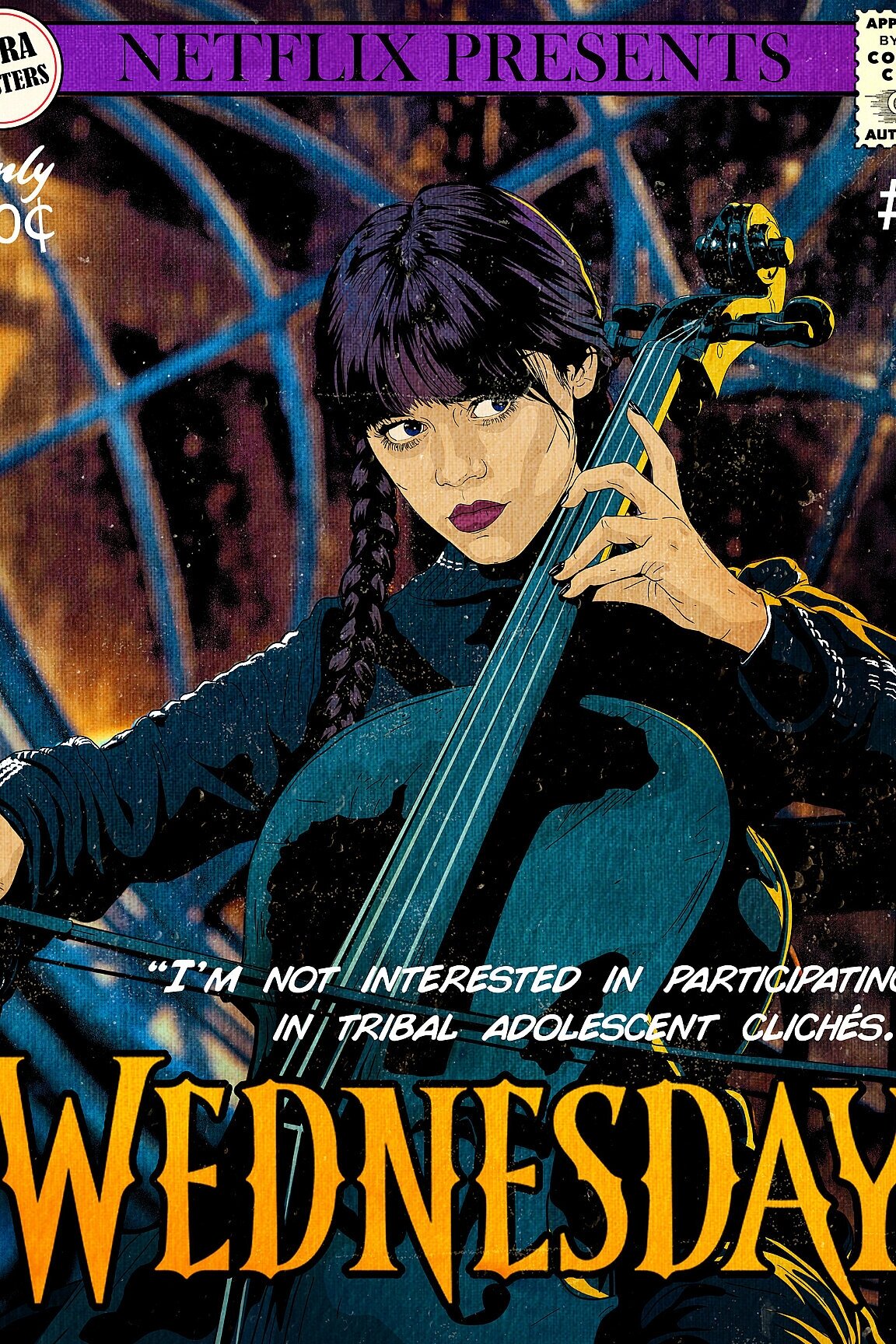 Постер / Плакат / Картина Wednesday. Игра на виолончели 60х90 см в раме