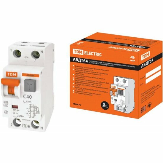 Дифференциальный автомат Tdm Electric АВДТ 64 2Р(1Р+N) C40 30мА тип А защита 265В (SQ0205-0010)