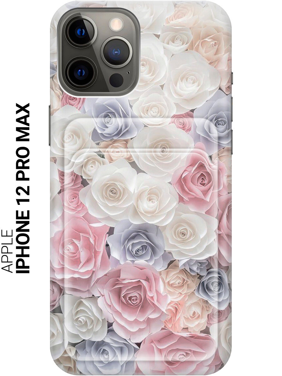 Силиконовый чехол на Apple iPhone 12 Pro Max / Эпл Айфон 12 Про Макс с рисунком "Пастельные розы" и карманом для карт