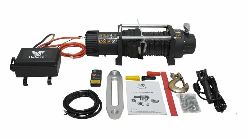Лебедка Habert 8000LB, электрическая, синтетический трос, для мототехники, 24 м