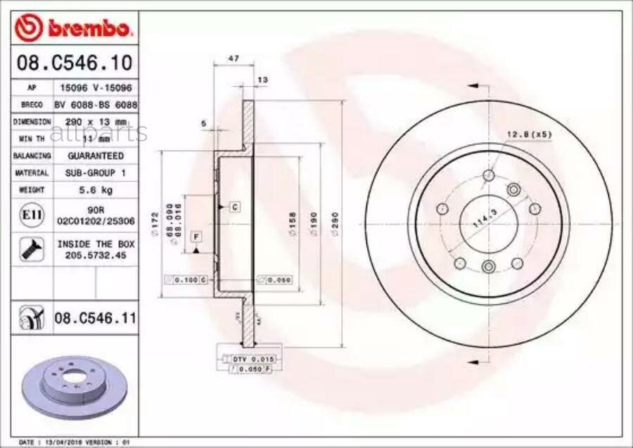 BREMBO 08. C546.11 Диск тормозной задн. с УФ покрытием NISSAN QASHQAI II (J11 J11_) 11/13-> / RENAULT KADJAR (HA_ HL_