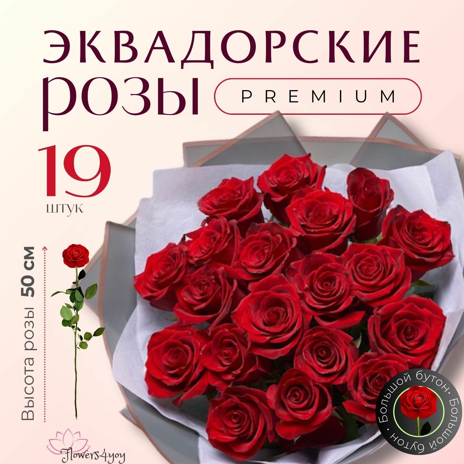 Живые цветы с доставкой, букет из 19 красных эквадорских роз, высота 60 см
