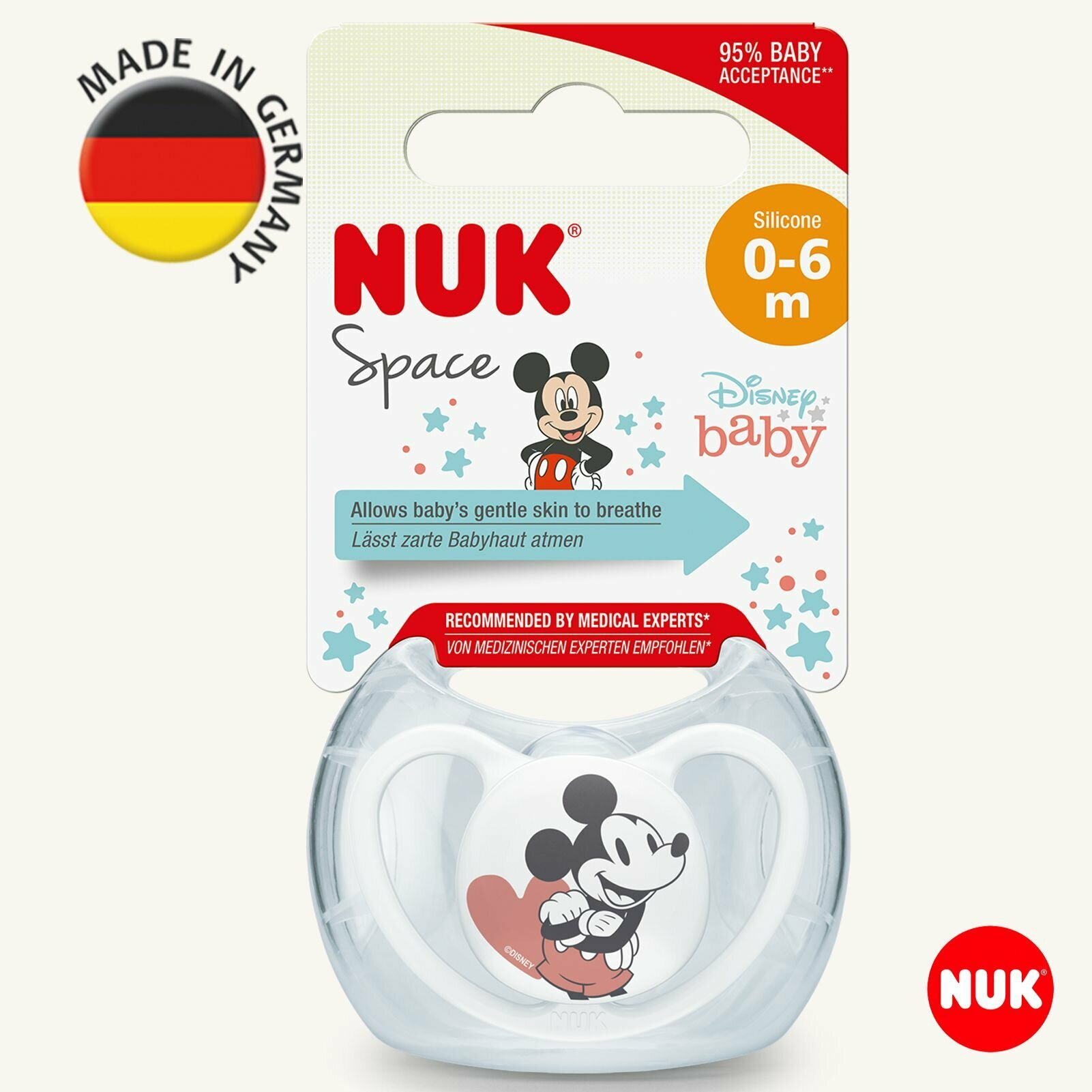NUK SPACE MICKEY Соска пустышка силиконовая для новорожденных 0-6 месяцев, 1 шт.
