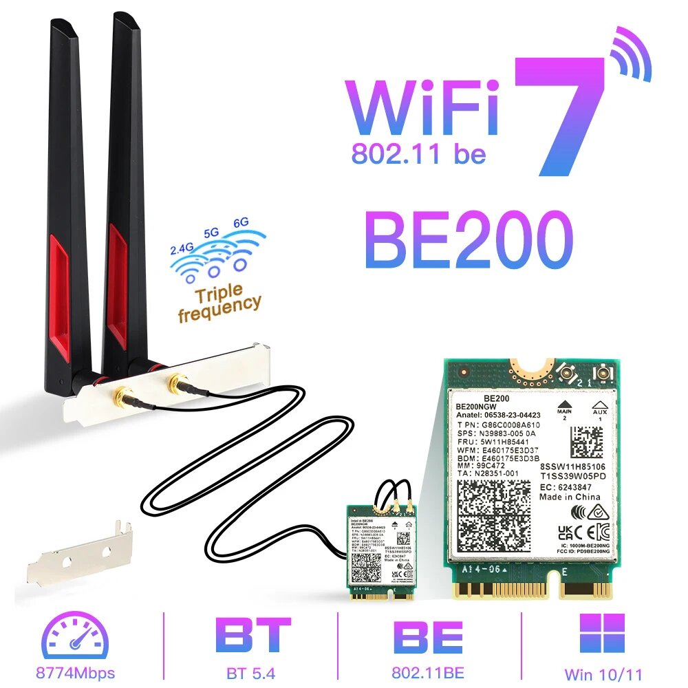 Wi-Fi 7 адаптер fenvi BE200, Bluetooth 5.4, 10DBI Kit
