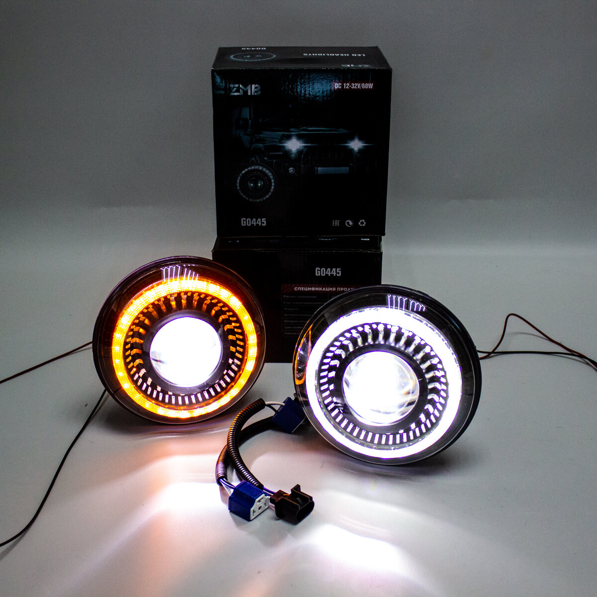 Фары на Ниву светодиодные ZMB 2х60W ДХО и динамическое приветствие для Нивы 2121, УАЗ Хантер в стиле Jeep Wrangler G0445