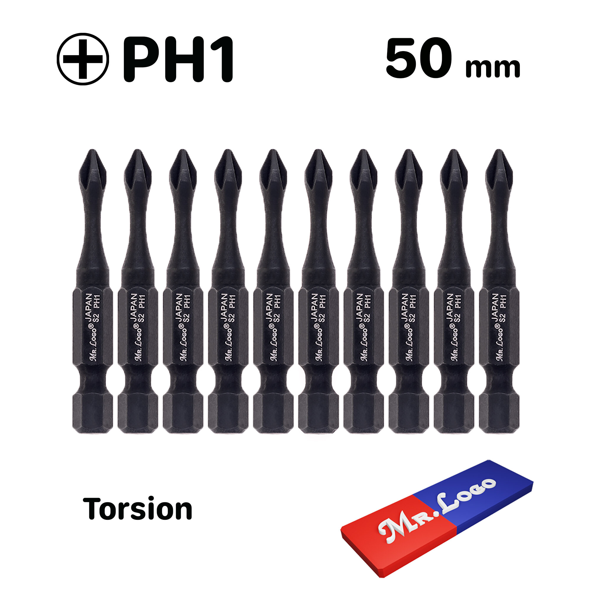 Биты для шуруповерта Торсионные магнитные PH1 x 50 мм Mr.Logo Сталь - Japan S2, 10 шт