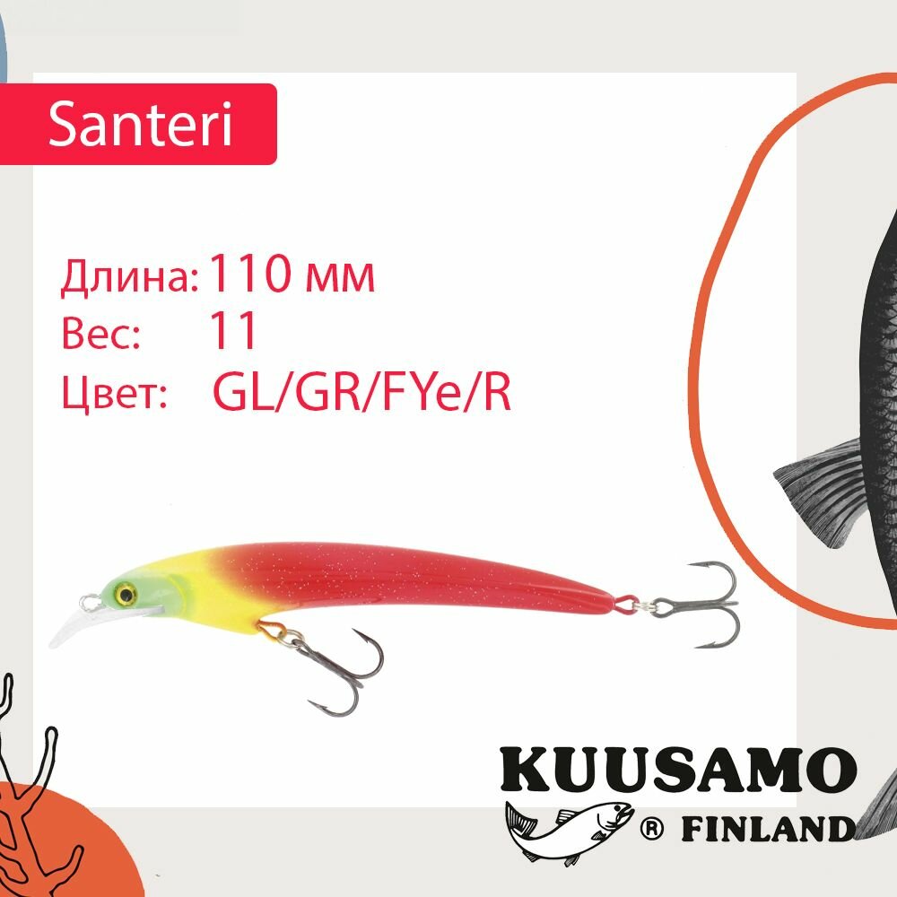 Воблер для рыбалки Kuusamo Santeri 110mm 11г цв. GL/GR/FYe/R, UV