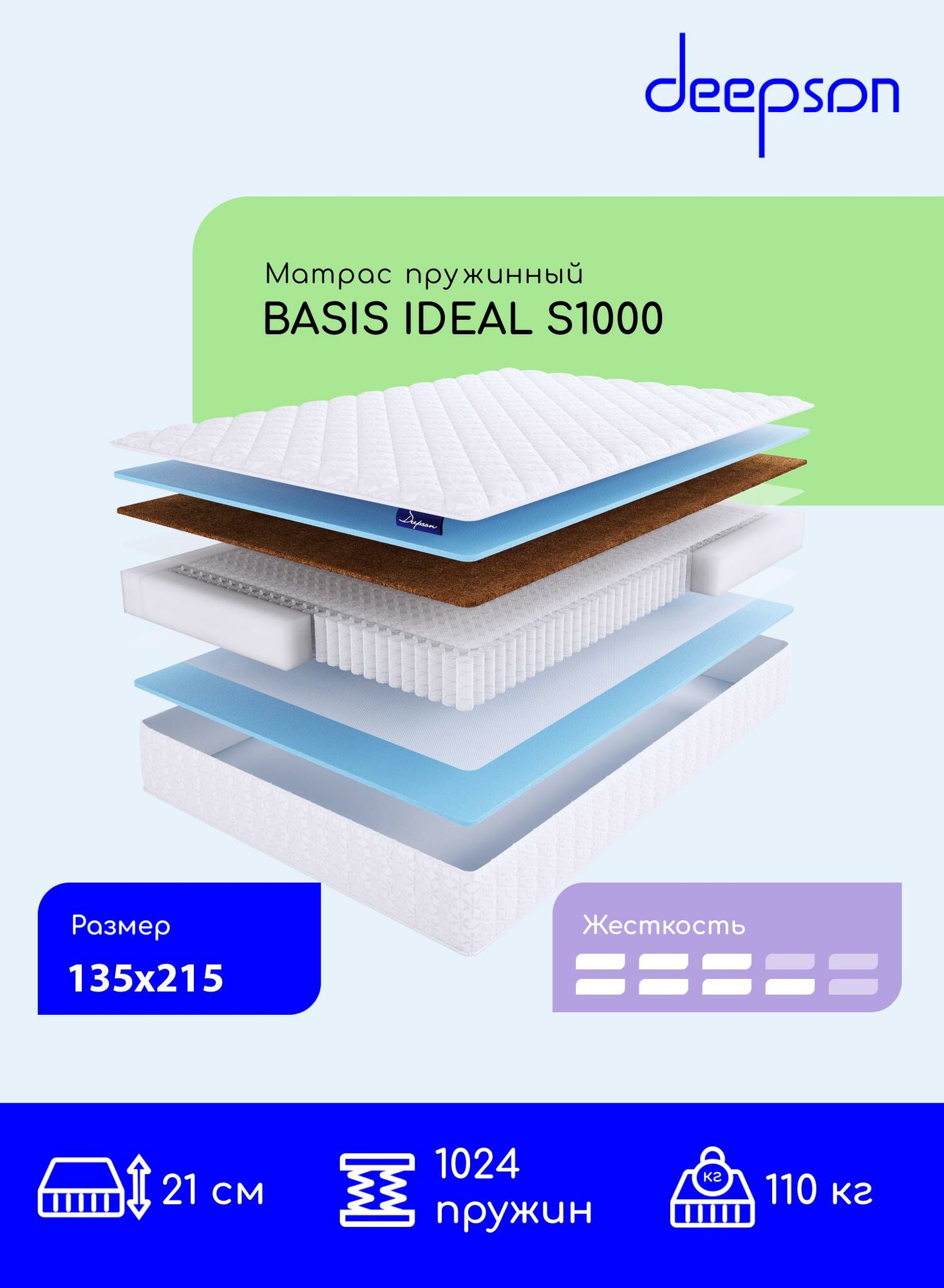 Матрас 135x215 пружинный полутороспальный ортопедический Deepson BASIS IDEAL S1000