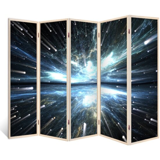 Ширма перегородка Декор Депо для комнаты деревянная "Астероиды" двухсторонняя с картинкой (космос) 5 створок кремовый дуб 176х230 см 18 кг