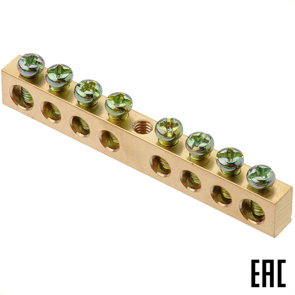 Шина ШН101-08-100 32001DEK РЕ8 земля на 8 отв. латунь 63А крепеж по центру DEKraft (5 шт. в комплекте)