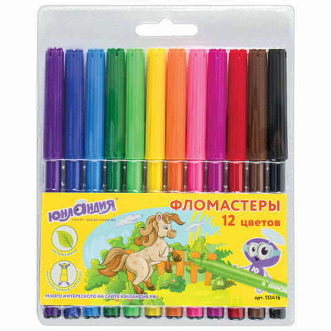Фломастеры юнландия 12 цветов, "уроки рисования", вентилируемый колпачок, ПВХ, 151416