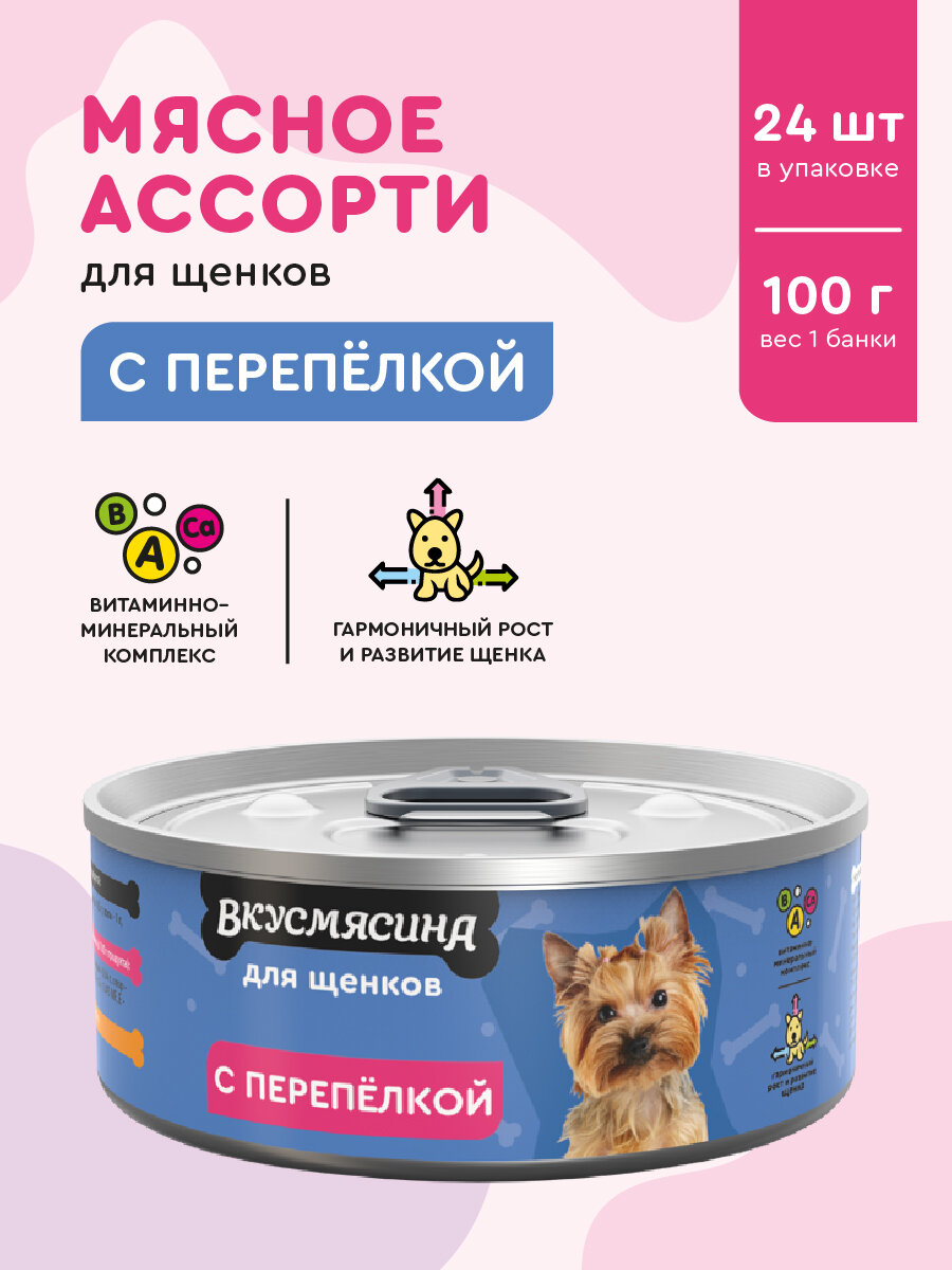 Корм влажный для щенков, вкусмясина с перепелкой, 100 г х 24 шт.