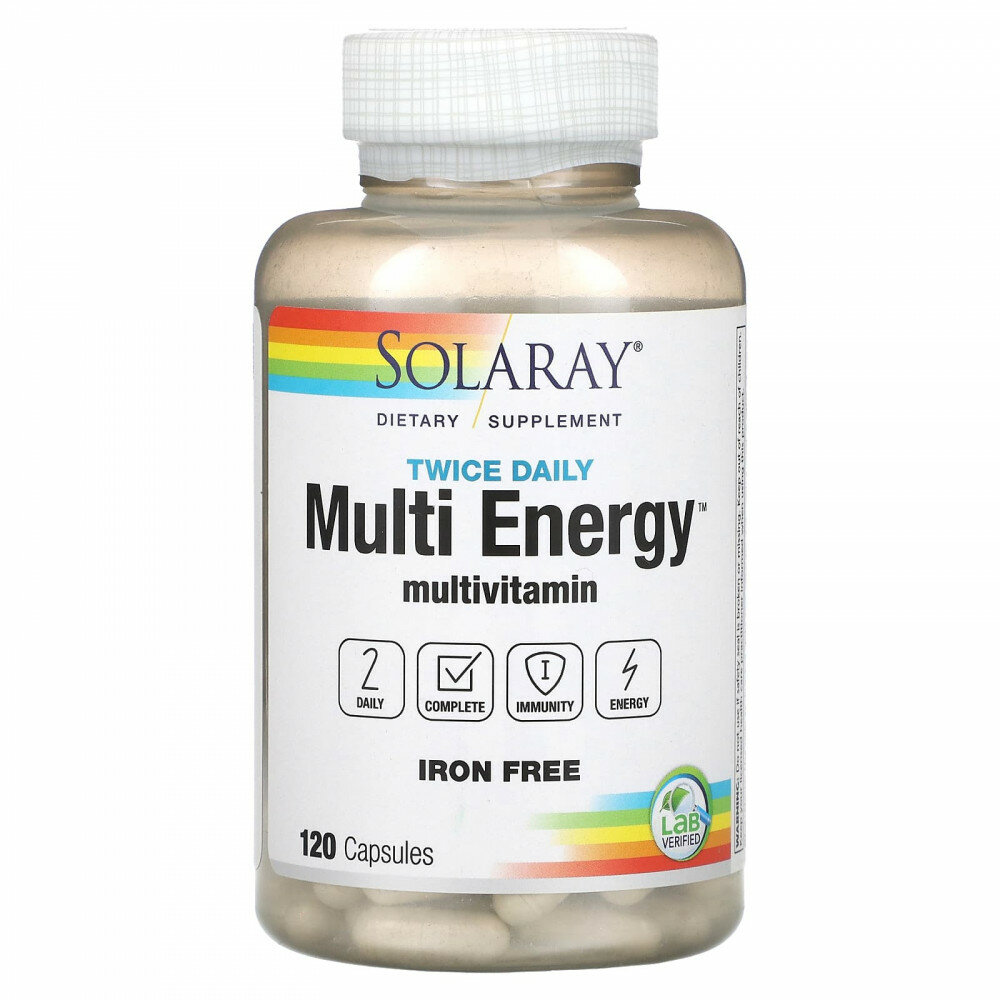 Solaray, Twice Daily Multi Energy™, мультивитамины, без железа, 120 капсул