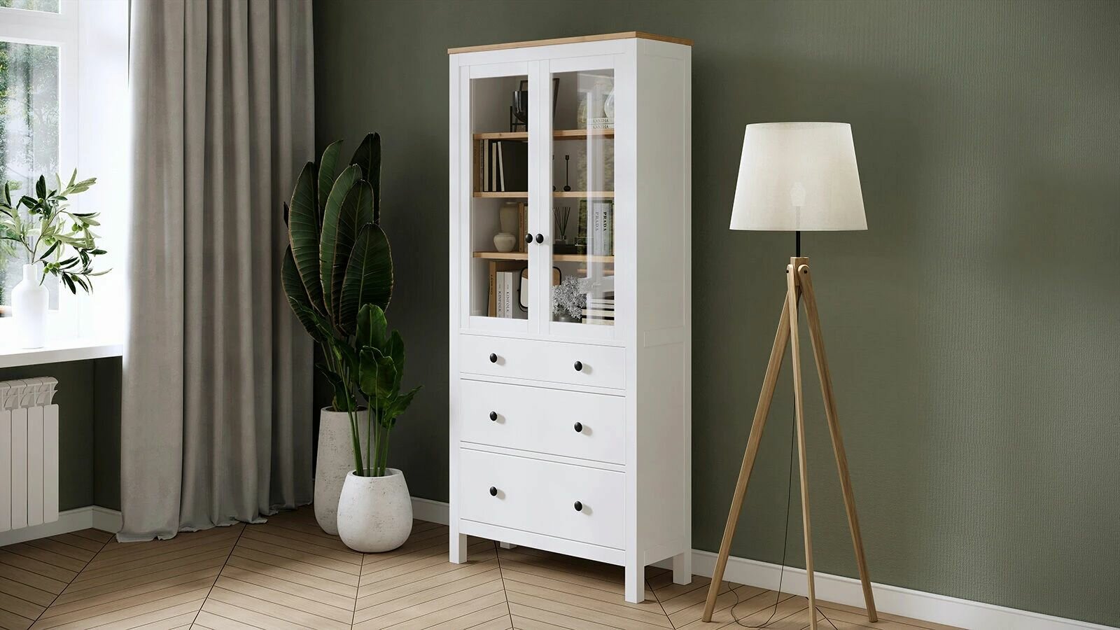 Шкаф витрина с 3 ящиками Askona (Аскона) Terek (Терек) белый + светло-коричневый 90х197х37