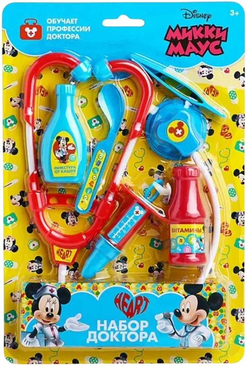 Игровой медицинский набор Микки Маус на подложке, сюжетно-ролевая игра для детей, игрушечные инструменты для юного доктора в коробке, 6 предметов