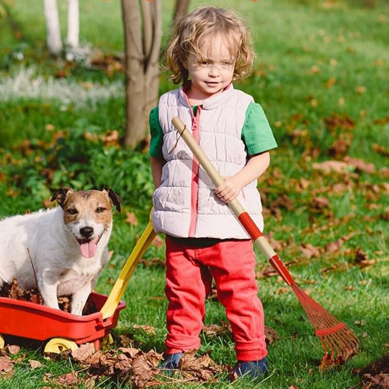 HJDFGS Детские садовые грабли для уборки листьев с деревянной ручкой, красные