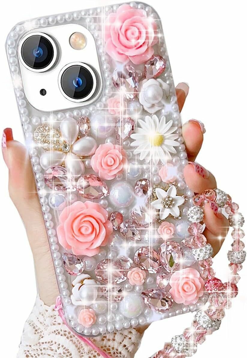 Чехол для телефона Iphone 15 Plus(Айфон 15 Плюс), Роскошные Luxury 3D роза сверкающие стразы с драгоценным камнем, милые девушки