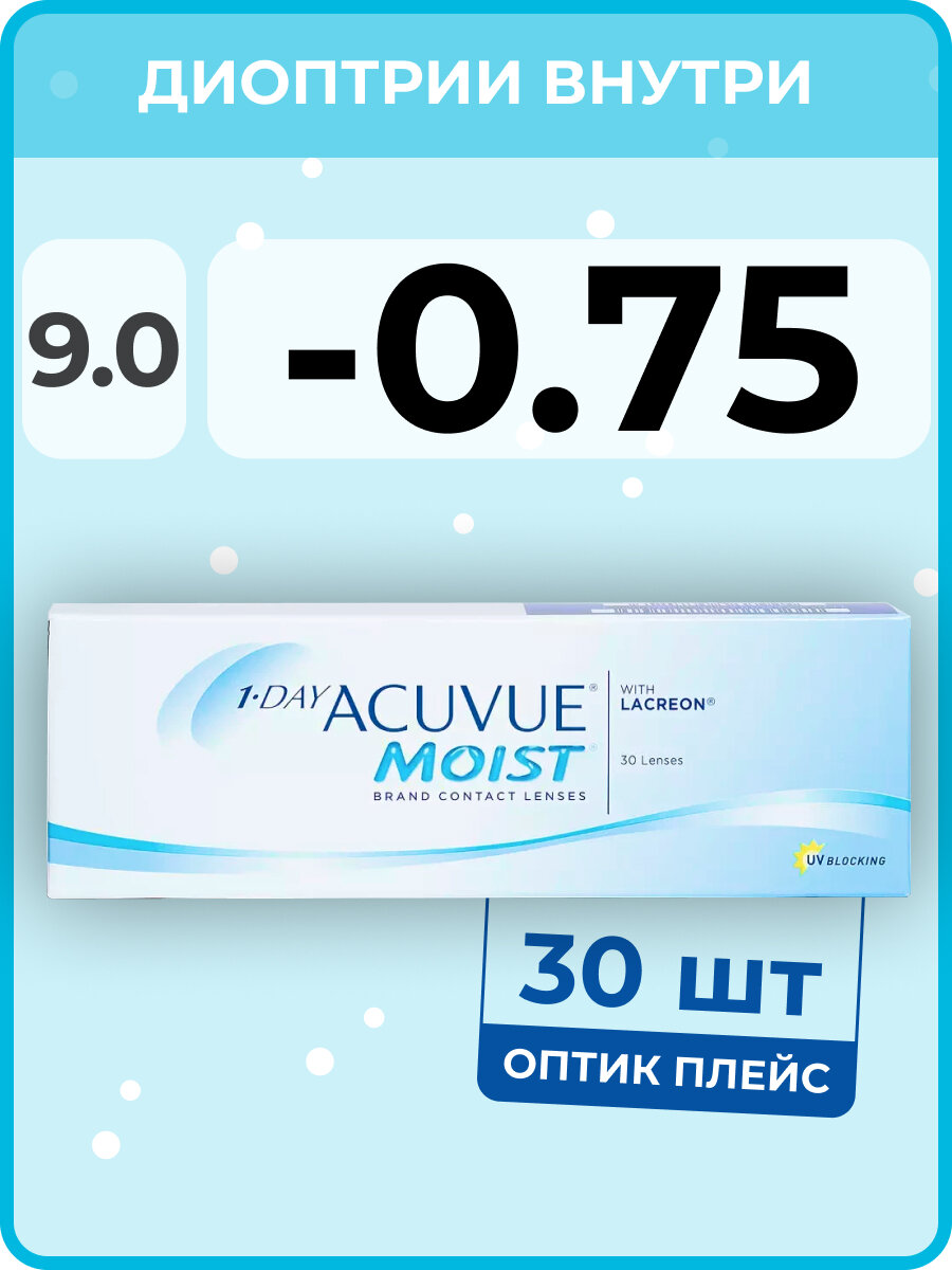 Контактные линзы ACUVUE 1-Day Moist (30 линз) -0.75 R 9.0, однодневные, прозрачные