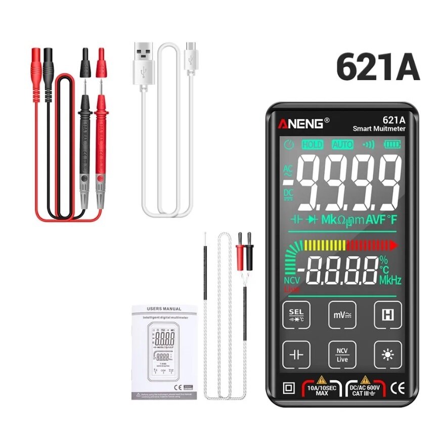Мультиметр профессиональный ANENG 621A Гарантия 2 года. 15 функций. USB Li-Ion.