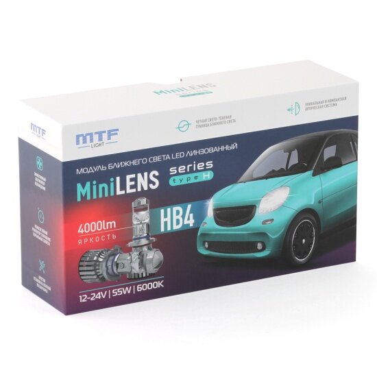 Светодиодные линзы Mtf Light серии MiniLENS HB4(9006), 12/24V, 55W, 6000K, 4000LM, 2шт.