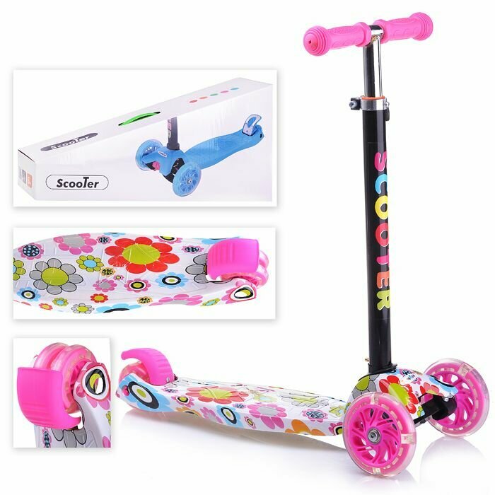Самокат трехколесный, разборный, высота руля регулируется(52-80 см), нагрузка до 70 кг. Розовые цветы