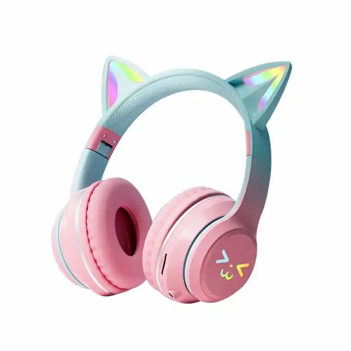 Беспроводные наушники VivaCat VC-3M pink детские c ушками кошки, LED, Bluetooth, светящиеся, розовый / бирюзовый1