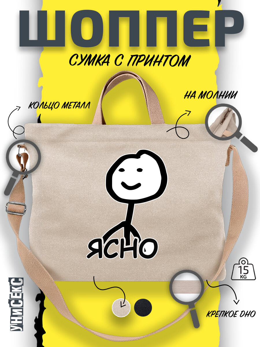 Сумка  шоппер y2k через плечо с надписью ясно мем