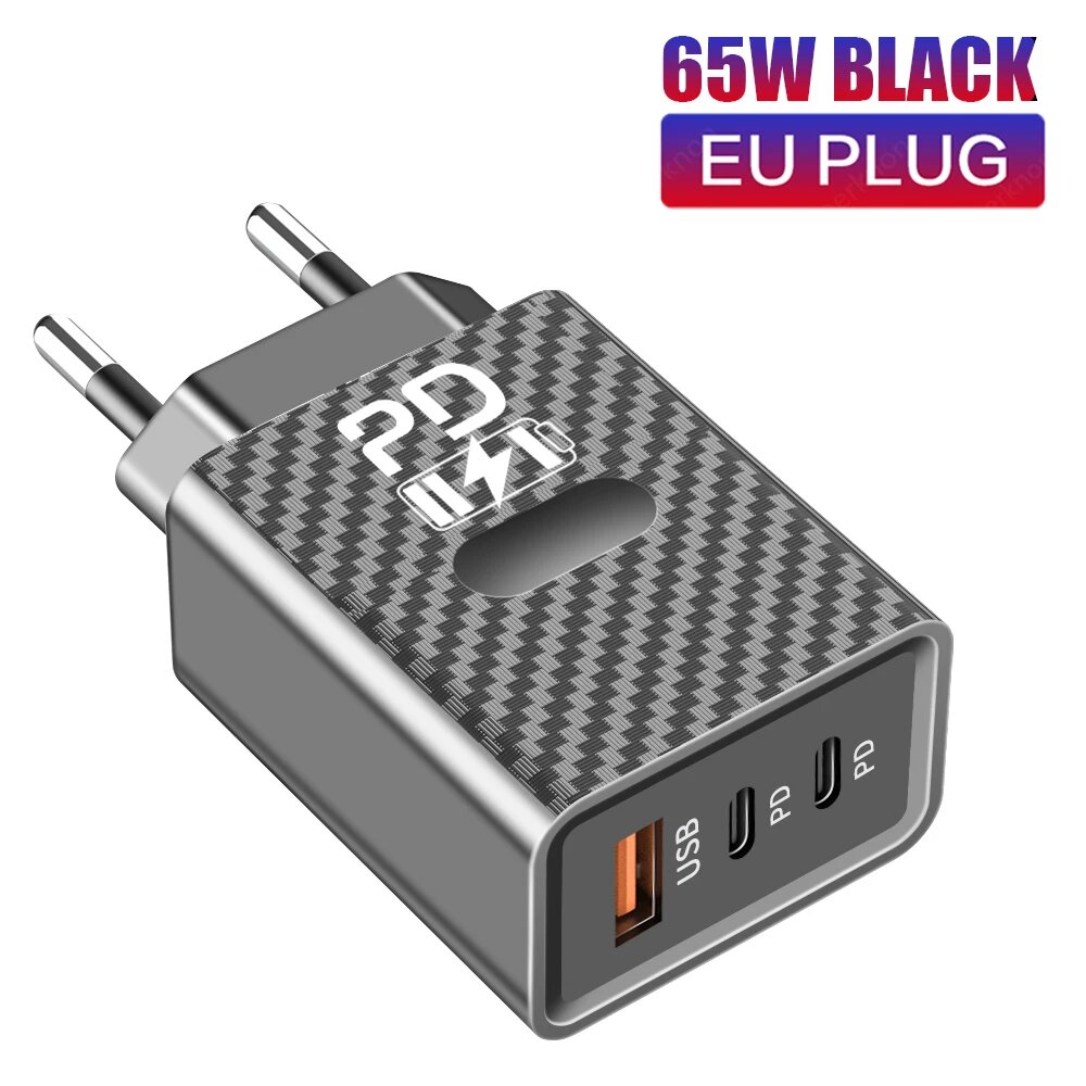 Зарядное устройство USB Type C PD, 65 Вт, быстрая зарядка, настенный адаптер для IPhone 15 Black EU