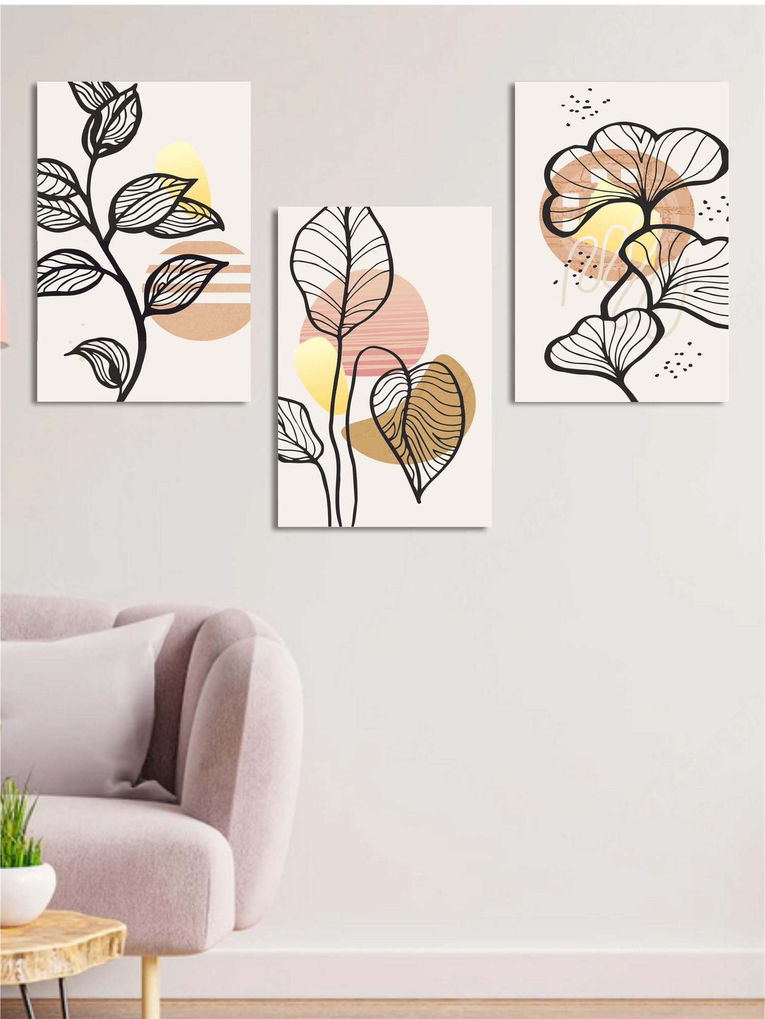Модульная картина для интерьера на стену, Абстракция графические растения 40х60 см - 3 штуки холст на подрамнике