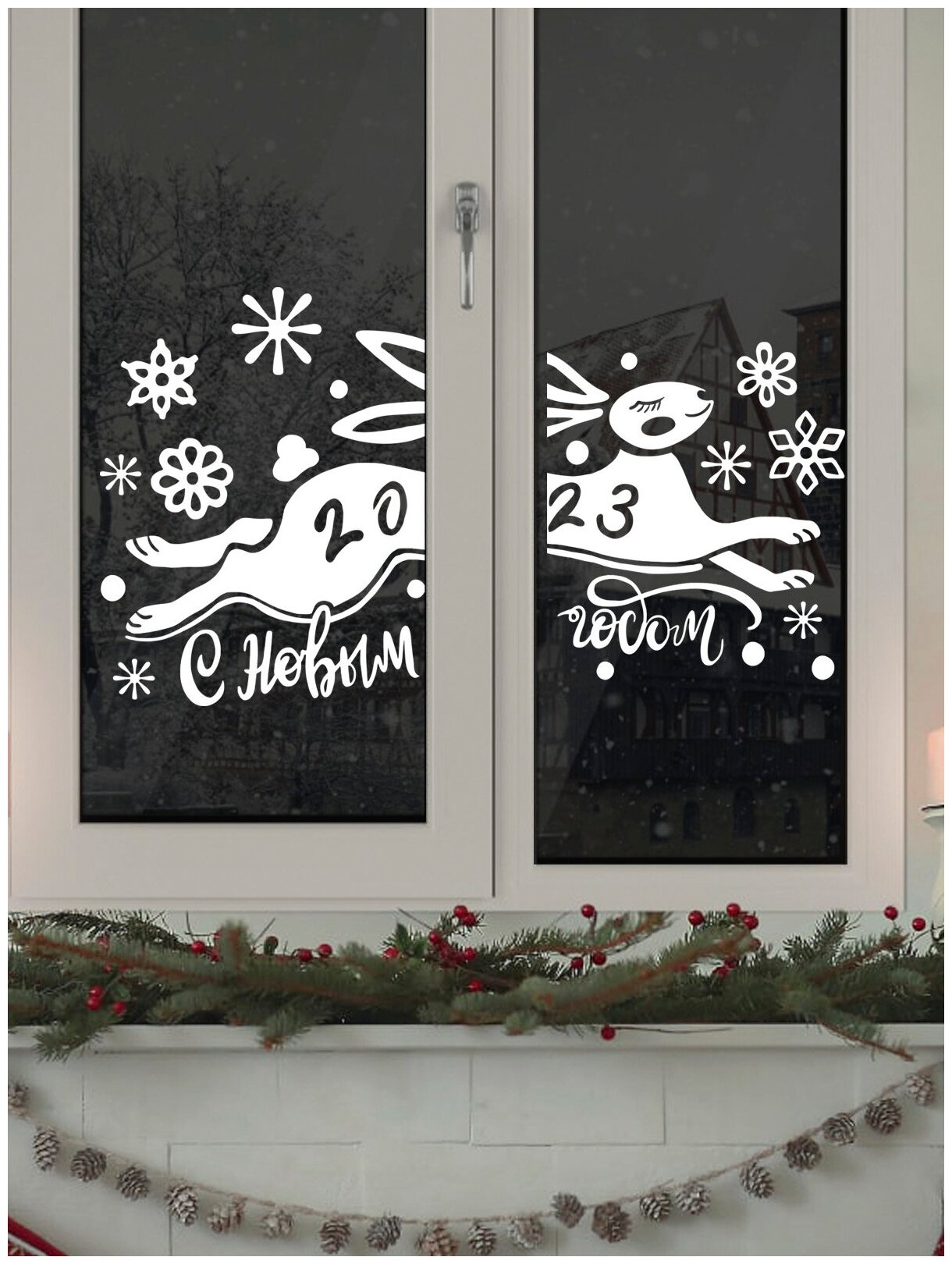 Наклейка новогодняя интерьерная "Заяц" 60х35см (на стену, на окно, белая, виниловая, кролик, символ года)