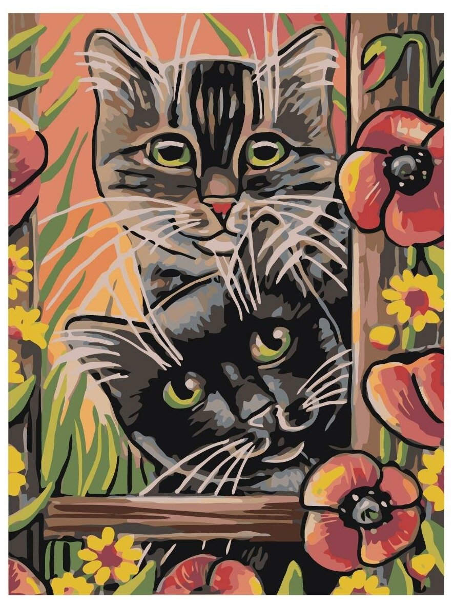 Картина по номерам, "Живопись по номерам", 45 x 60, A138, котята, забор, природа, маки, животные, домашние