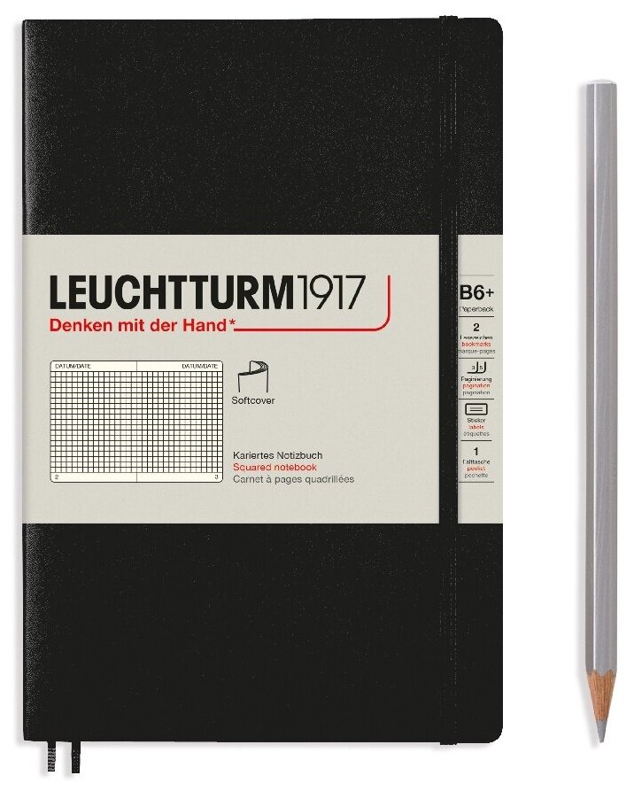 Блокнот Leuchtturm Paperback B6+ 61л в клетку мягкая обложка Черный
