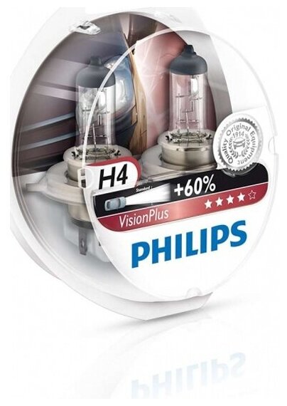 Лампа автомобильная Philips H4 VisionPlus 12V 60/55W, 2шт, 12342VPS2
