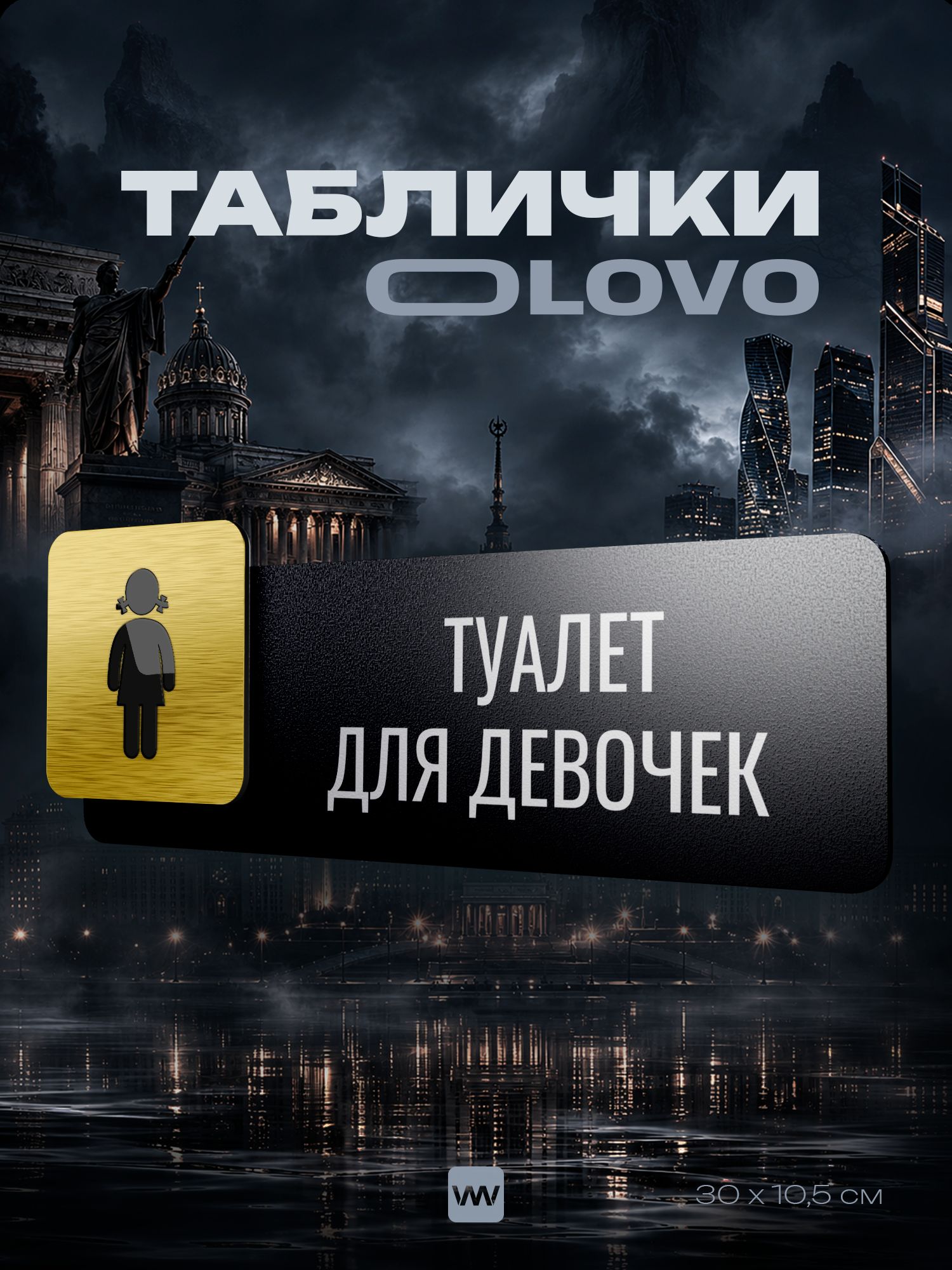 Табличка "Туалет для девочек" на дверь, на стену, универсальная, черная с металлической золотистой вставкой, для офиса, общественного места, магазина, серия OLOVO/олово GLD, Айдентика Технолоджи
