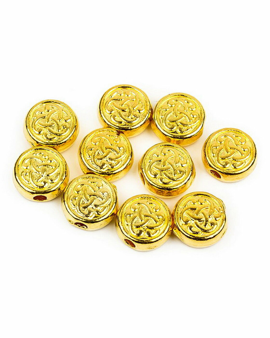 Плоские круглые бусины с орнаментом в кельтском стиле, размер: 7х3 мм, материал: сплав олова с позолочением, 10 шт.