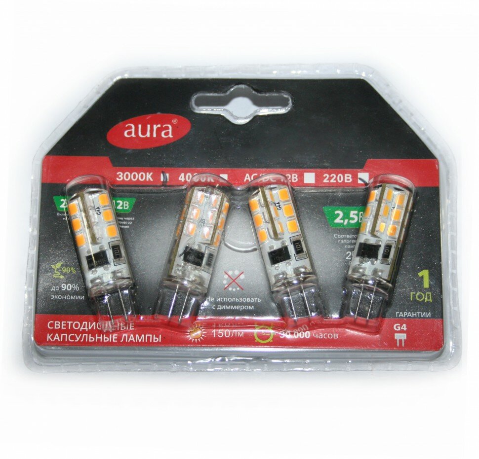 Лампа светодиодная AURA FLD-G4PBH 220V 3000K (4 шт.)