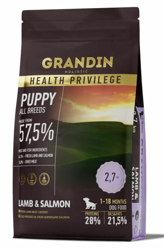 Grandin Holistic Сухой корм для щенков, с ягненком и лососем, 2,7 кг