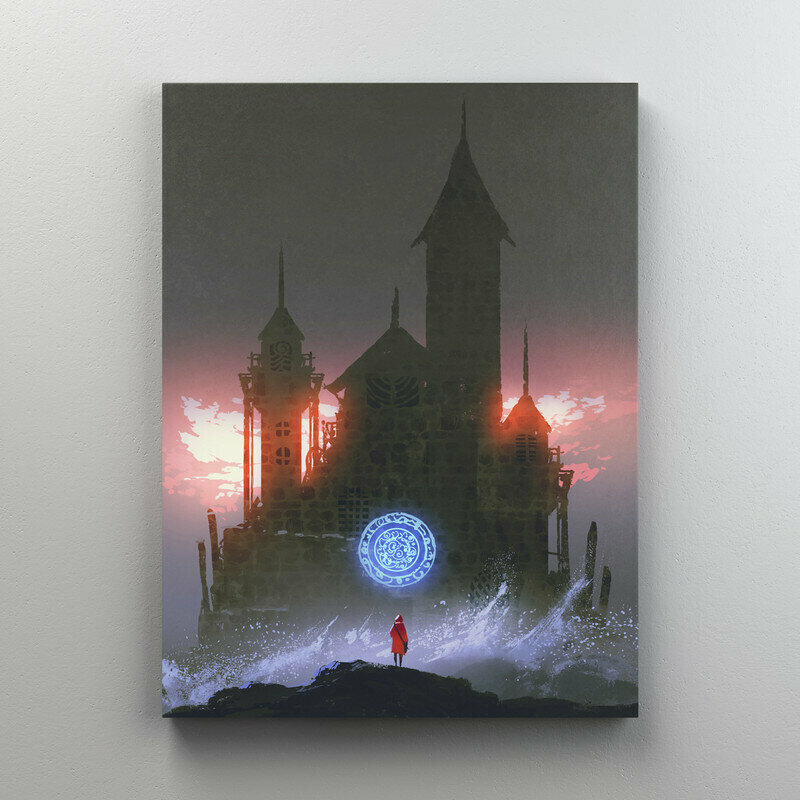 Интерьерная картина на холсте "Девочка в красном плаще и замок" размер 45x60 см