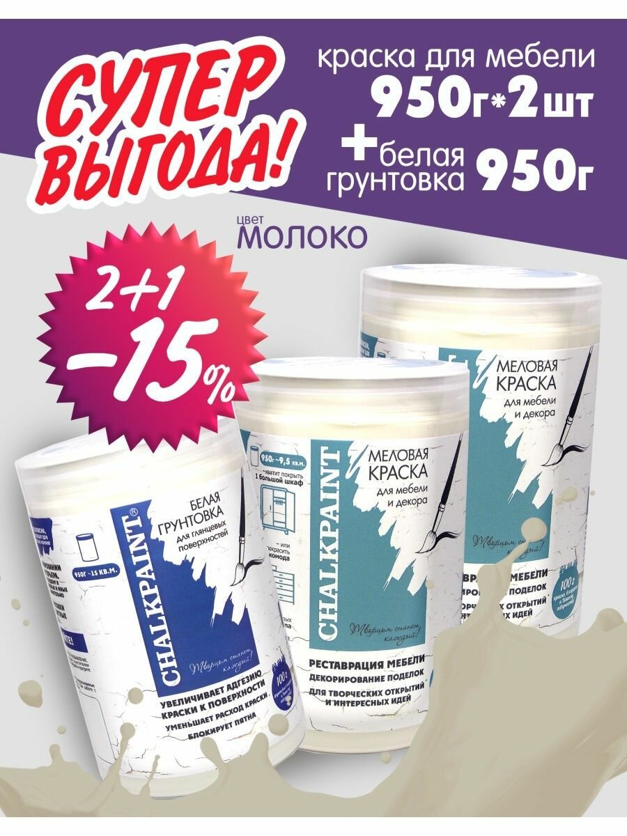 Краска меловая для мебели Chalky Paint, молоко 950 г, 2 шт + грунт 950 г